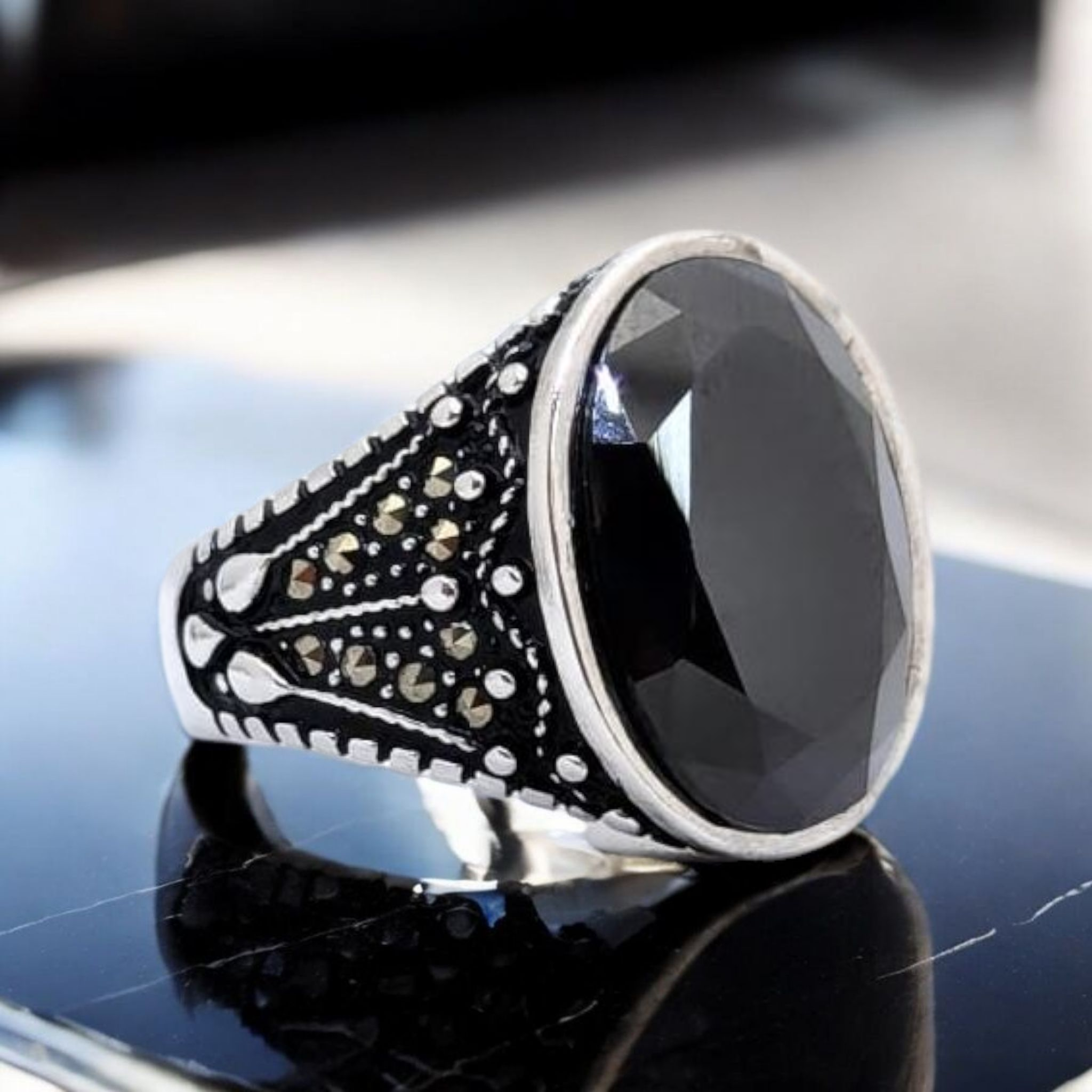 Black Zircon Stone Italian Silver Ring - Silver Desire